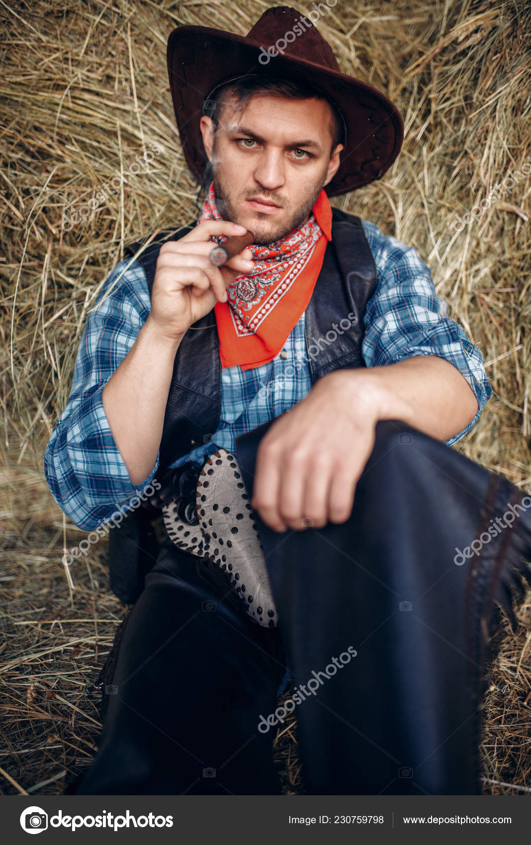 Brutal Cowboy Relax Cigar Haystack Background Western Vintage Male ...