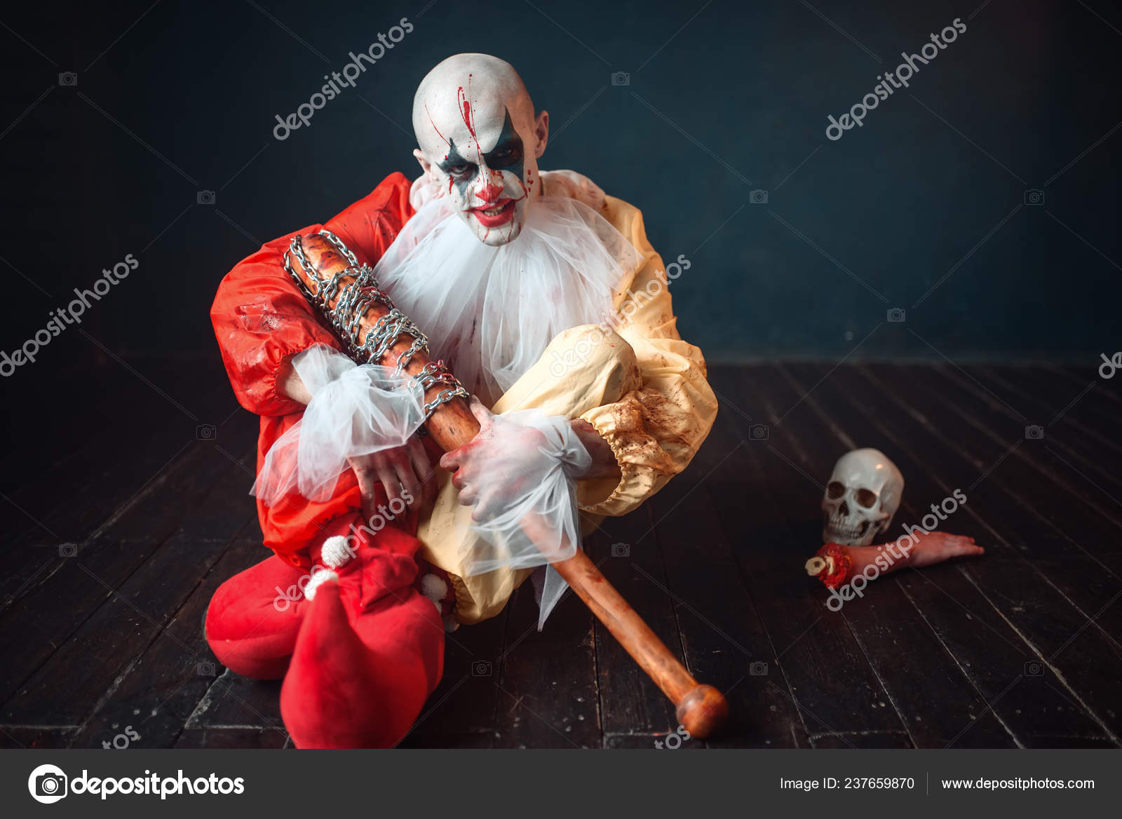 Scary Bloody Clown Baseball Bat Sitting Floor Scattered Parts Human ...