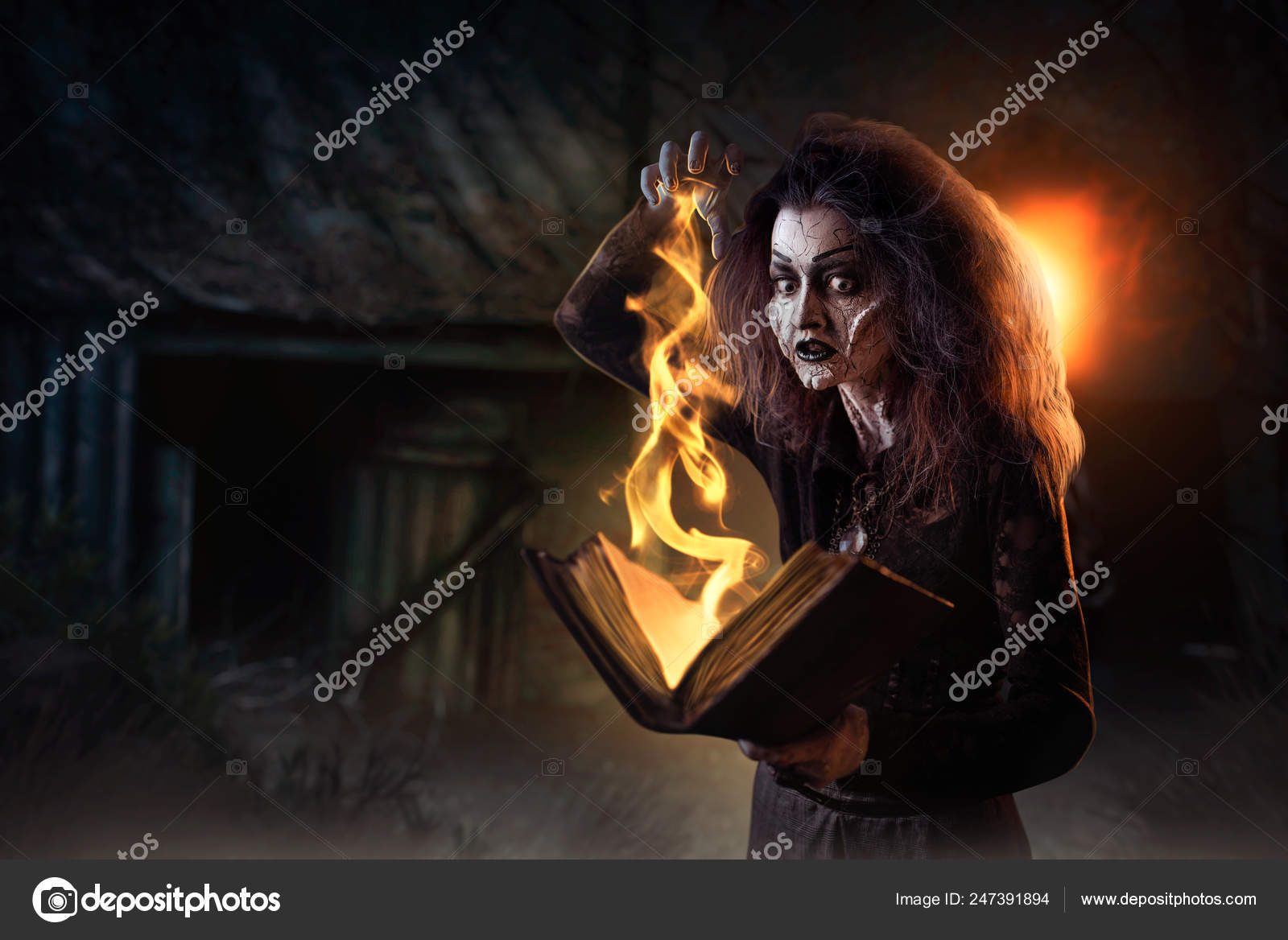 Scary Witch Holds Spellbook Dark Powers Witchcraft Spiritual Seance ...