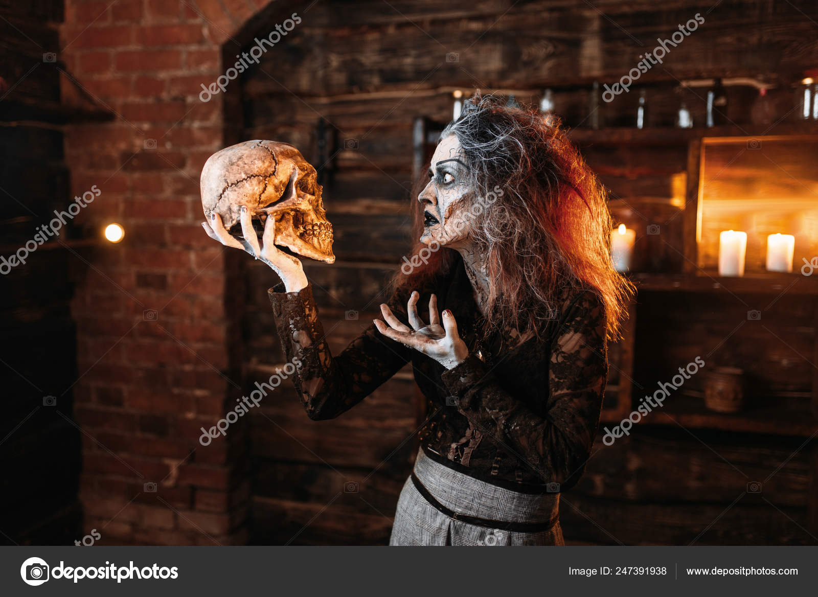 Scary Witch Reads Spell Ritual Human Skull Dark Powers Witchcraft Stock ...