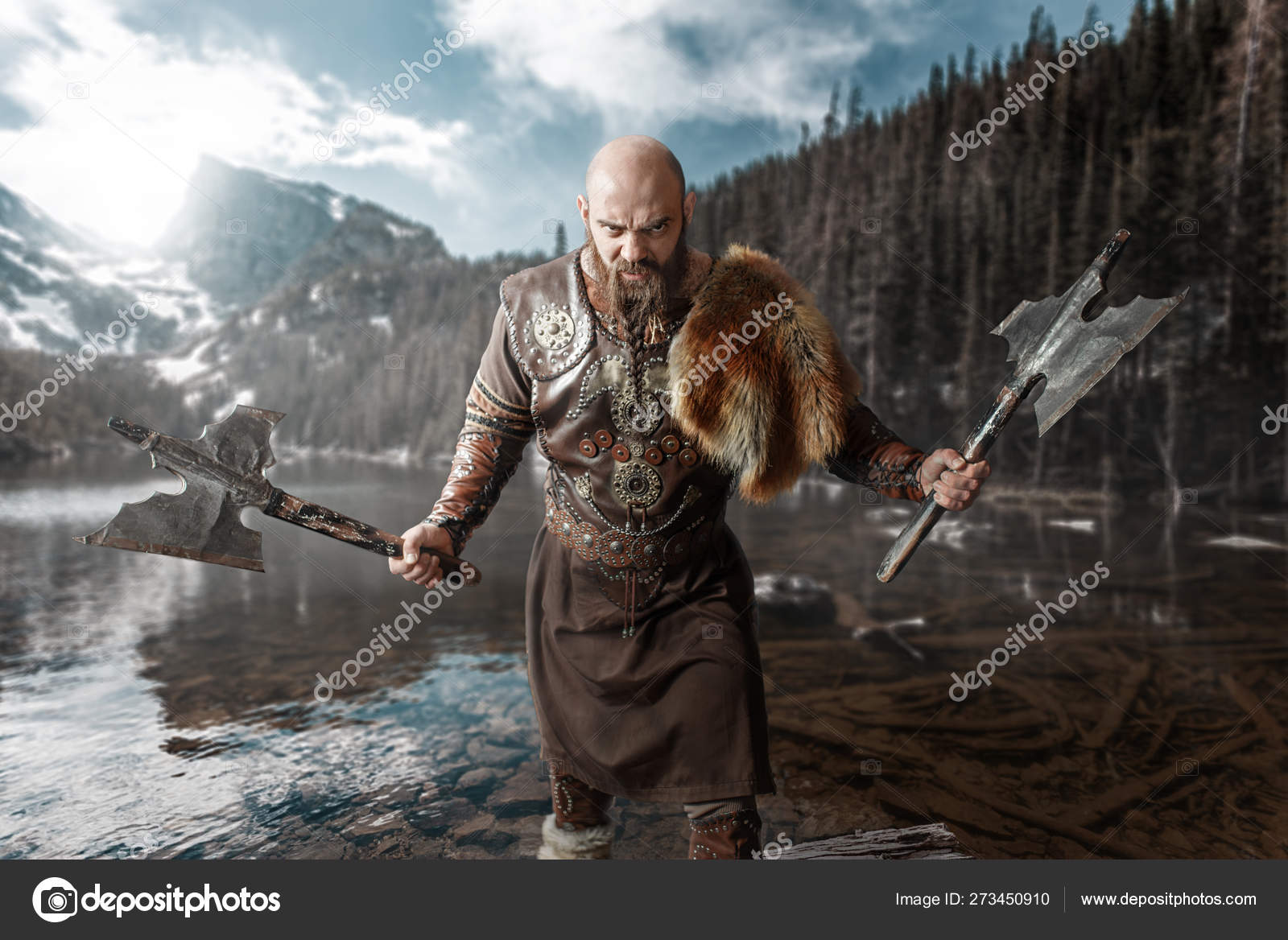 Viking Axes Hands Dressed Traditional Nordic Clothes Standing Lake ...