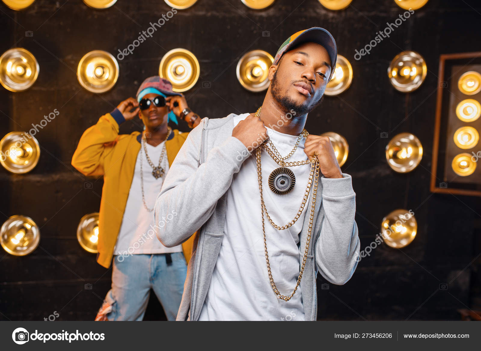 Two African Rappers Caps Artists Posing Stage Spotlights Background Rap ...