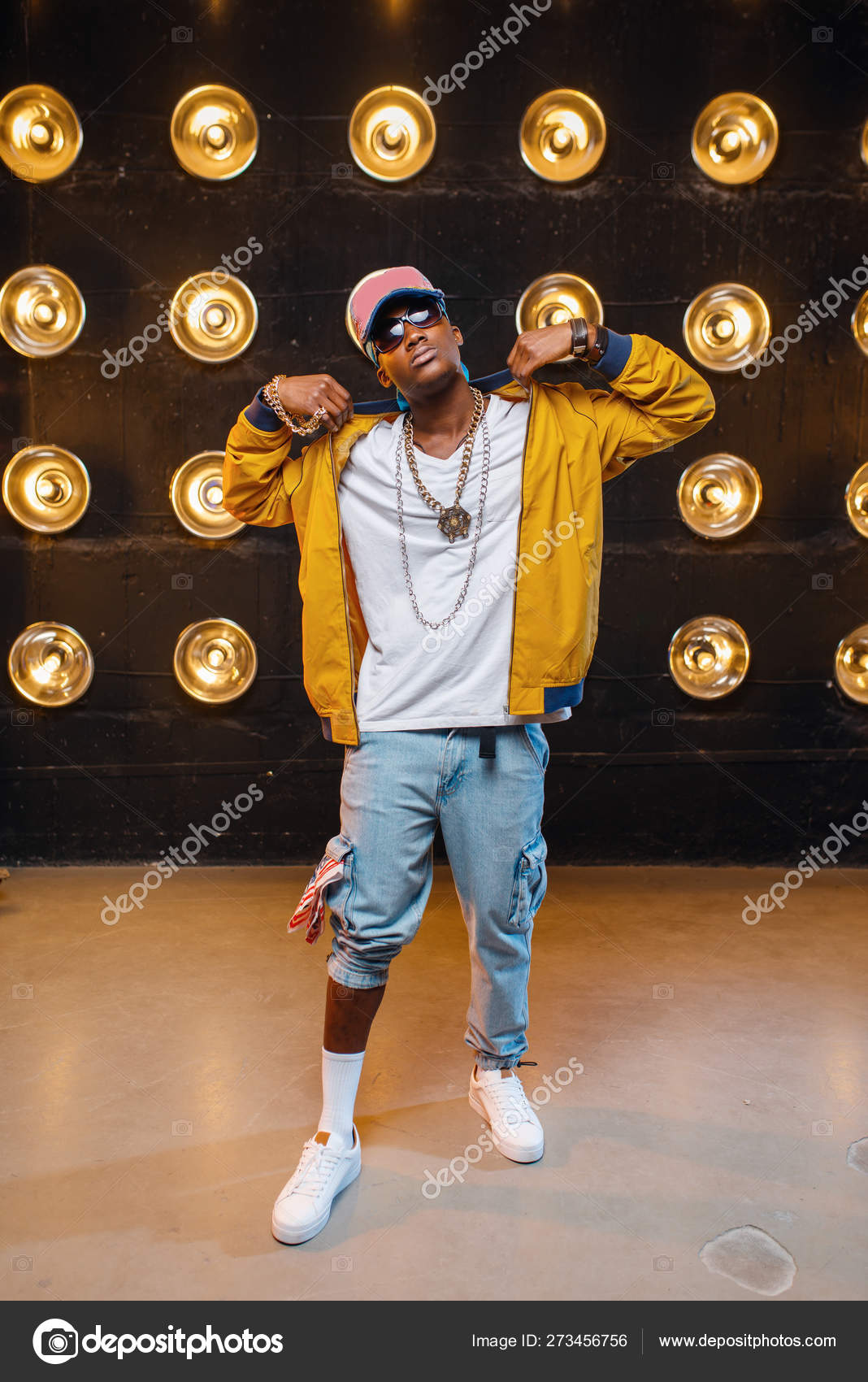 Black Rapper Cap Sitting Steps Singer Stage Spotlights Background Rap ...