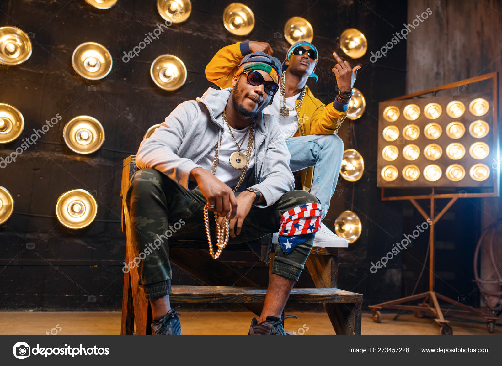 Two African Rappers Sitting Steps Perfomance Stage Spotlights ...