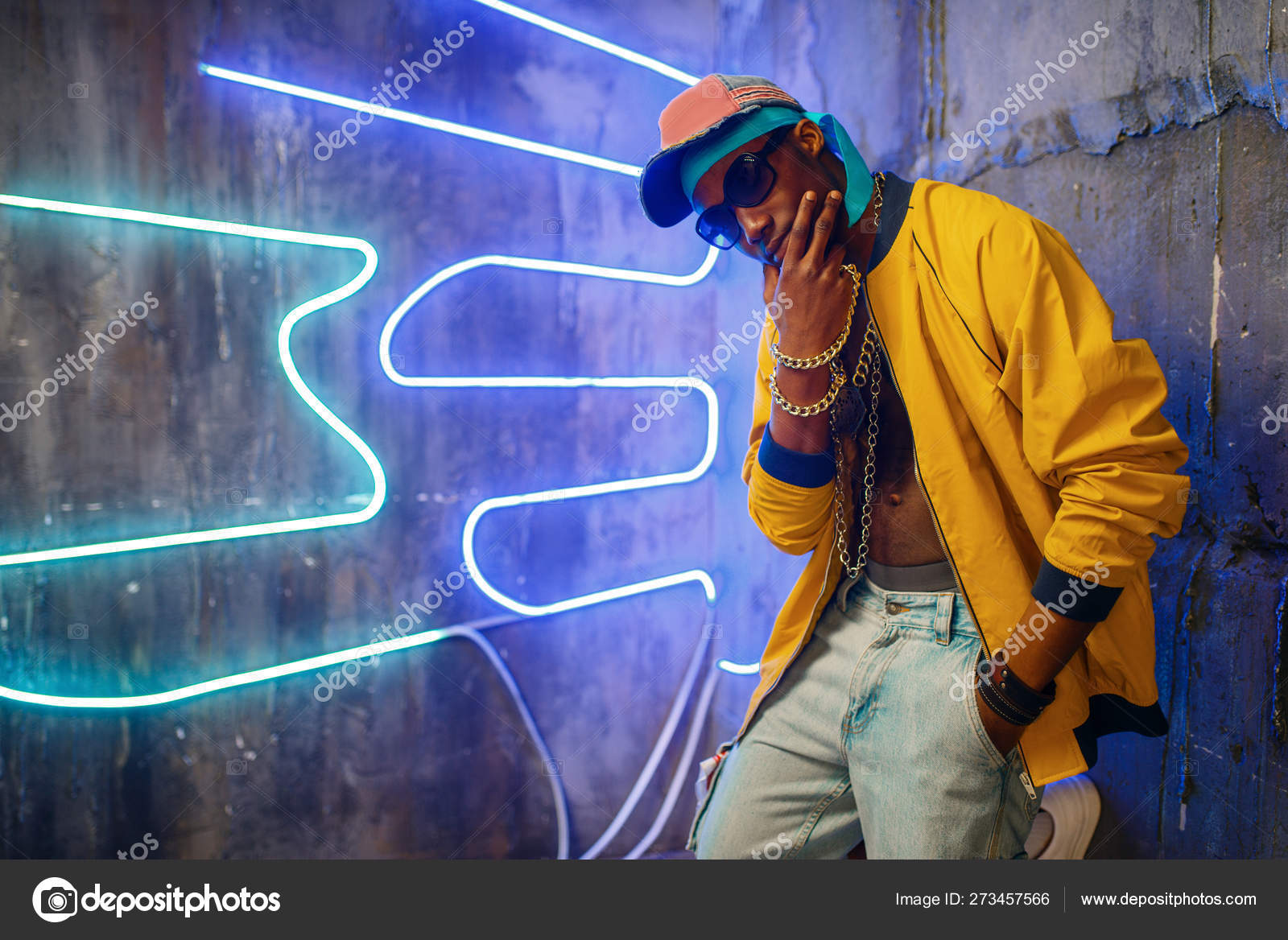 Black Rapper Underpass Neon Lights Background Rap Performer Club Grunge ...