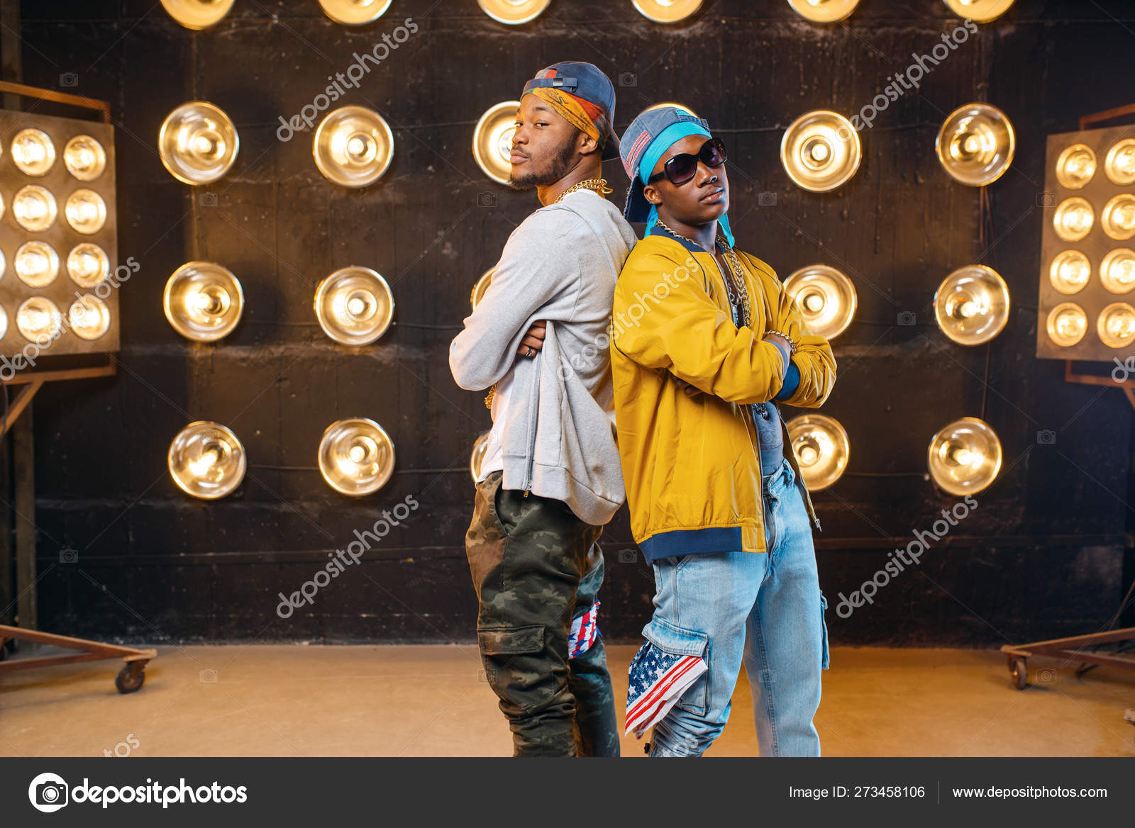Two African Rappers Sitting Floor Perfomance Stage Spotlights ...