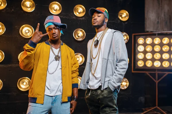 Two African Rappers Caps Artists Posing Stage Spotlights Background Rap ...