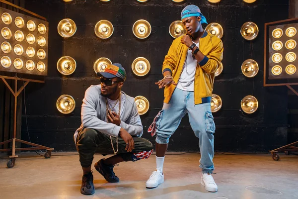Two African Rappers Caps Artists Posing Stage Spotlights Background Rap ...