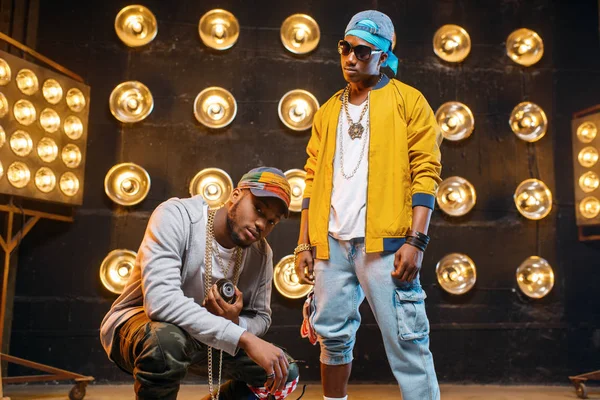 Two African Rappers Caps Artists Posing Stage Spotlights Background Rap ...