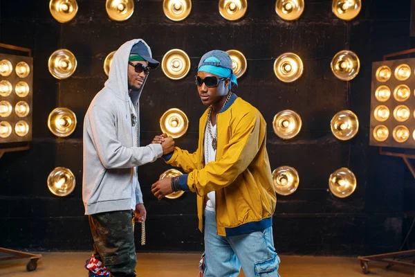 Two African Rappers Caps Artists Posing Stage Spotlights Background Rap ...
