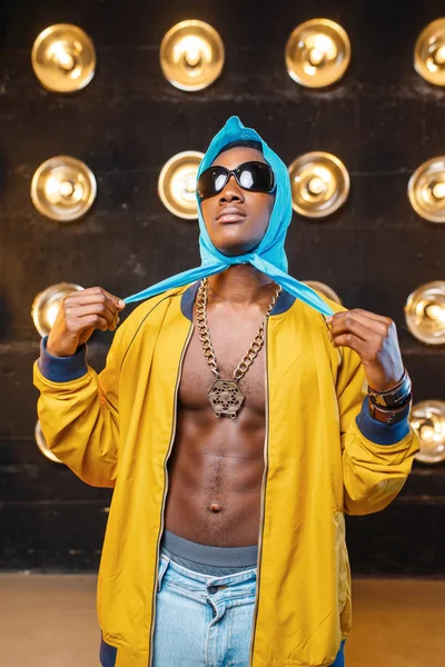 Black Rapper Cap Sitting Steps Singer Stage Spotlights Background Rap ...