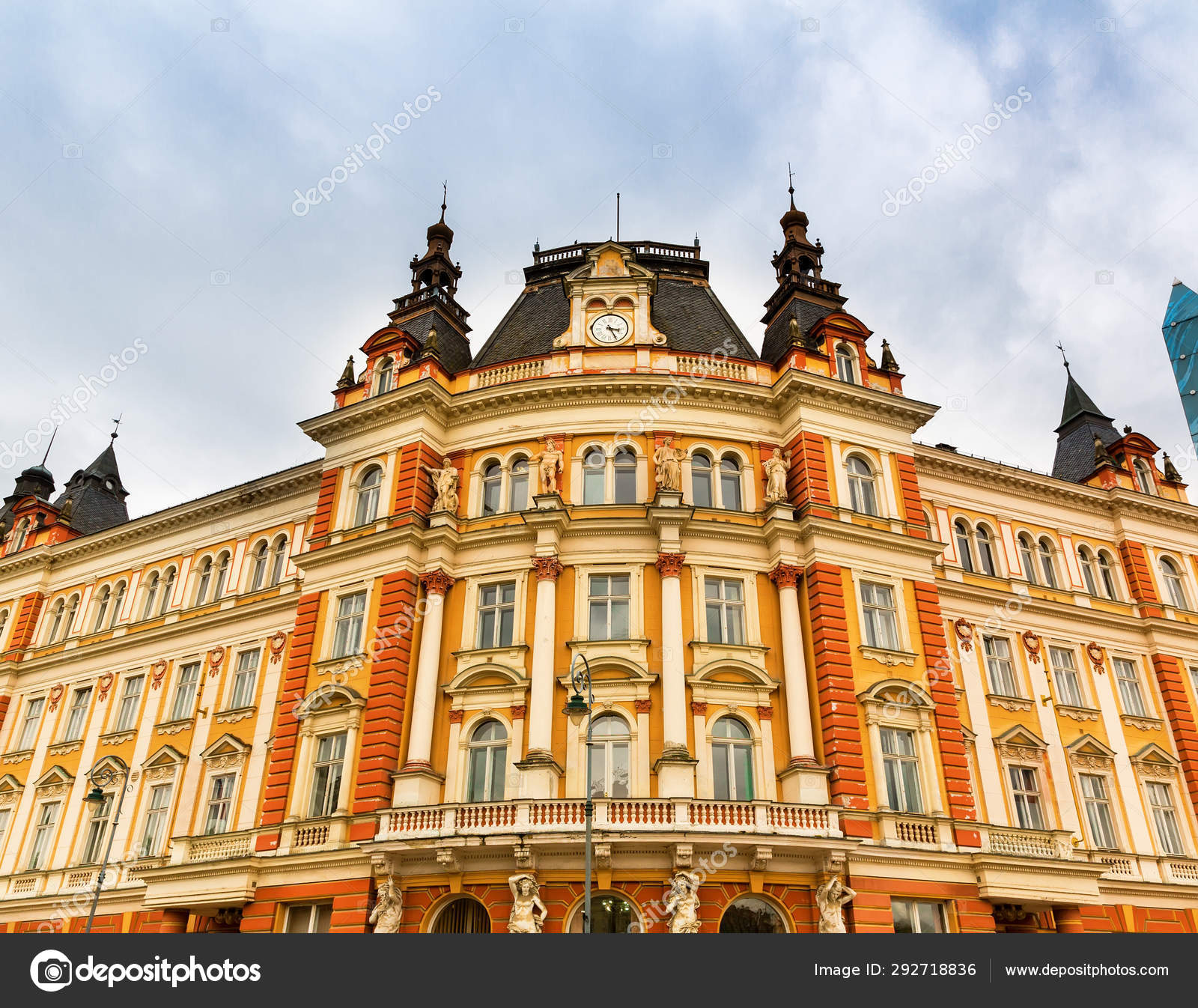 Ancient Building Facade Towers Clock Roof Old European Town Summer ...