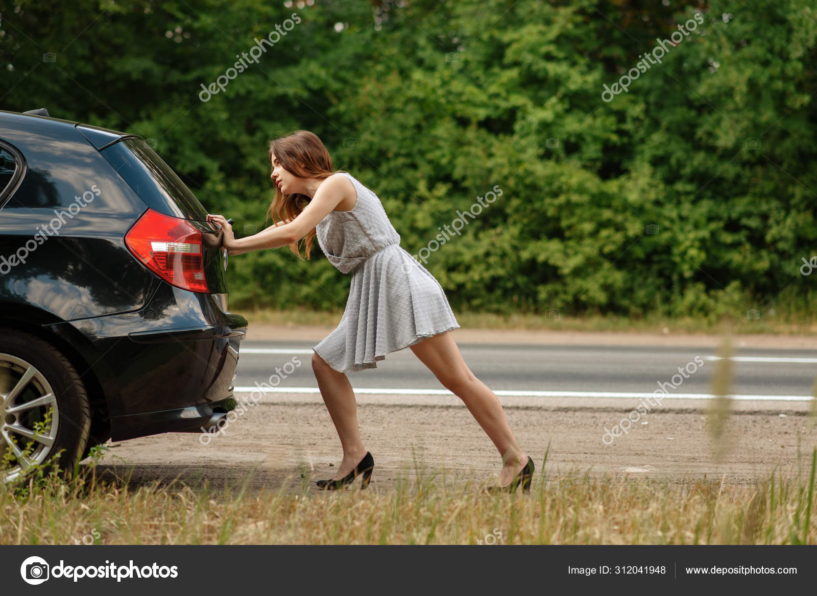 Woman Pushing Broken Car Road Breakdown Crashed Automobile Emergency ...