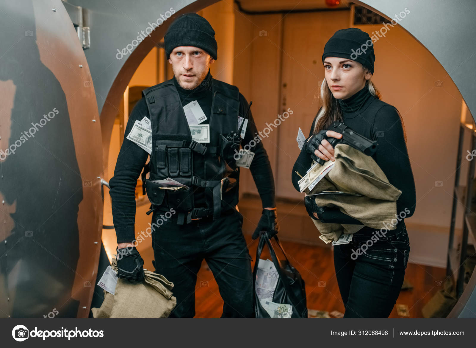 Bank Robbery Male Robber Black Uniform Holds Bags Full Money — Stock ...