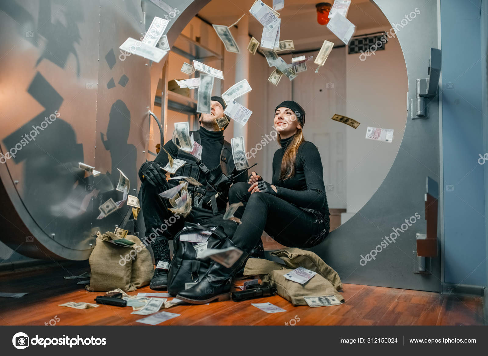 Bank Robbery Two Happy Robbers Black Uniform Throwing Money Vault ...