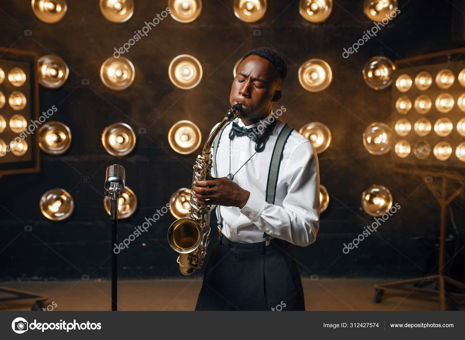 African Jazz Performer Plays Saxophone Stage Spotlights Black Jazzman ...