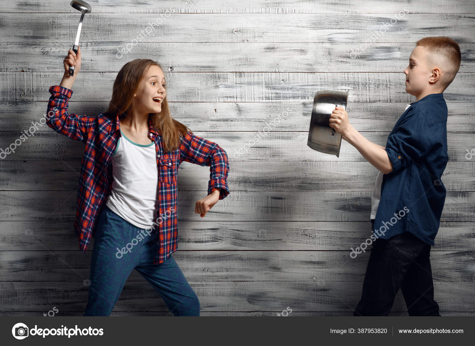 Little Boy Pot His Head Girl Ladle Hand Studio Children Stock Photo by ...