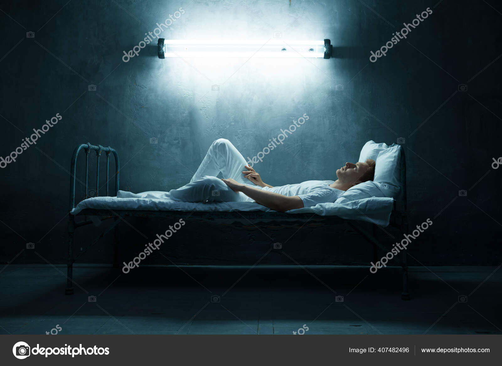 Psycho Man Lying Bed Dark Room Background Psychedelic Person Having ...