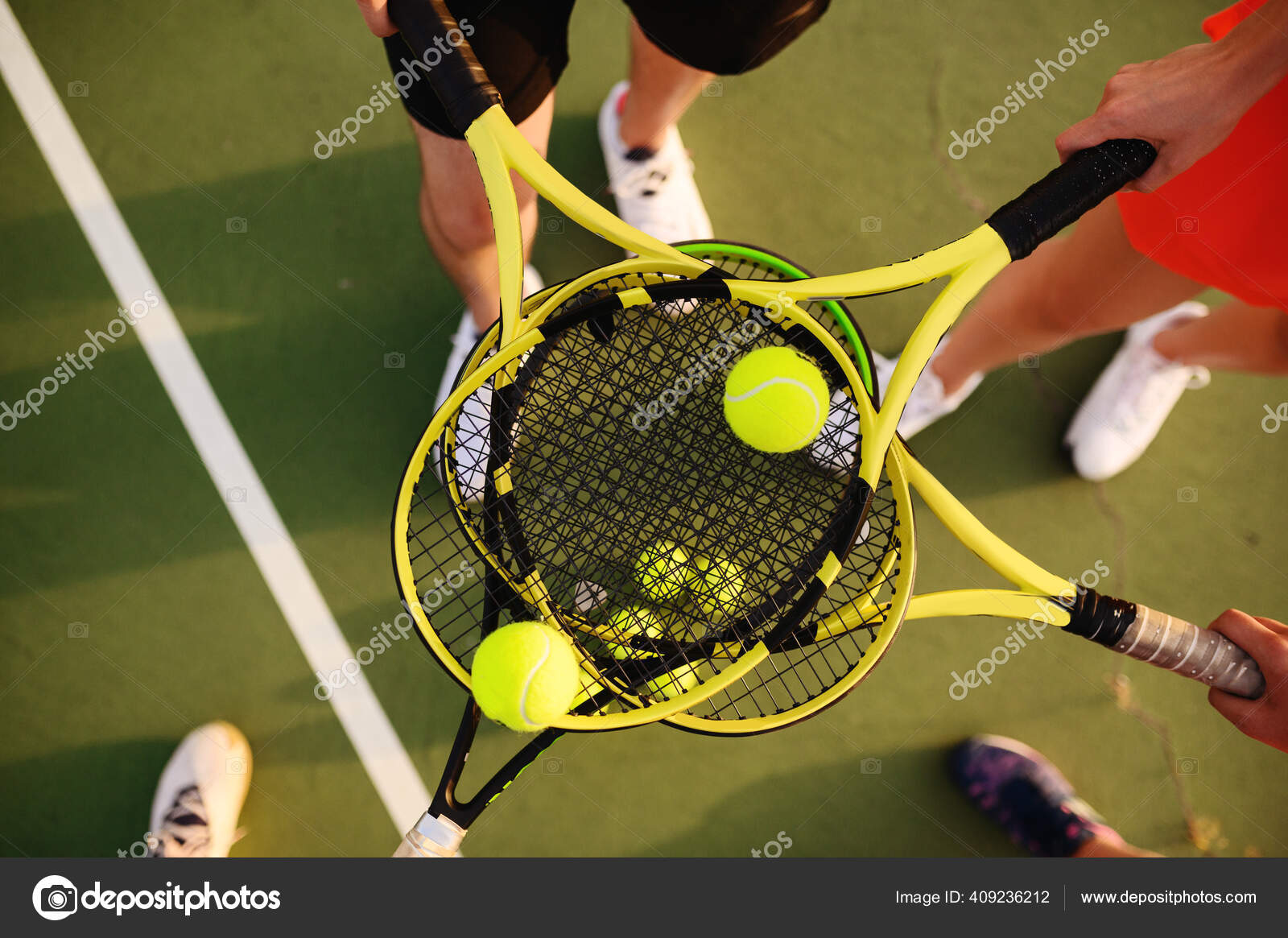 Mixed Doubles Tennis Players Rackets Balls Top View Outdoor Court ⬇ ...