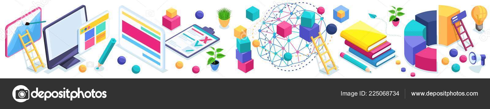 Isometrics set of bright business icons, diagram, brain activity, books ...