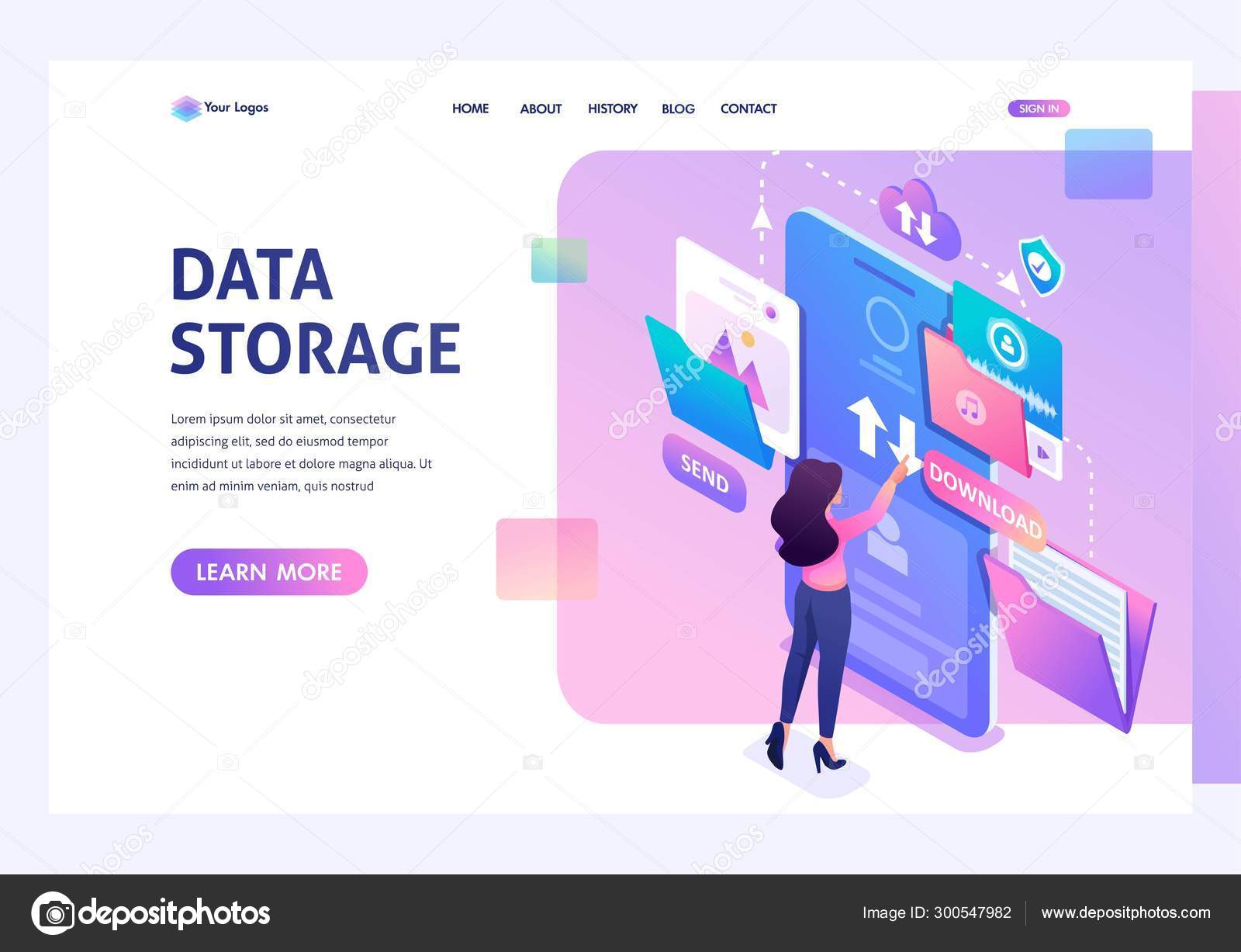 Young girl interacting with the data storage, downloads and uploads ...