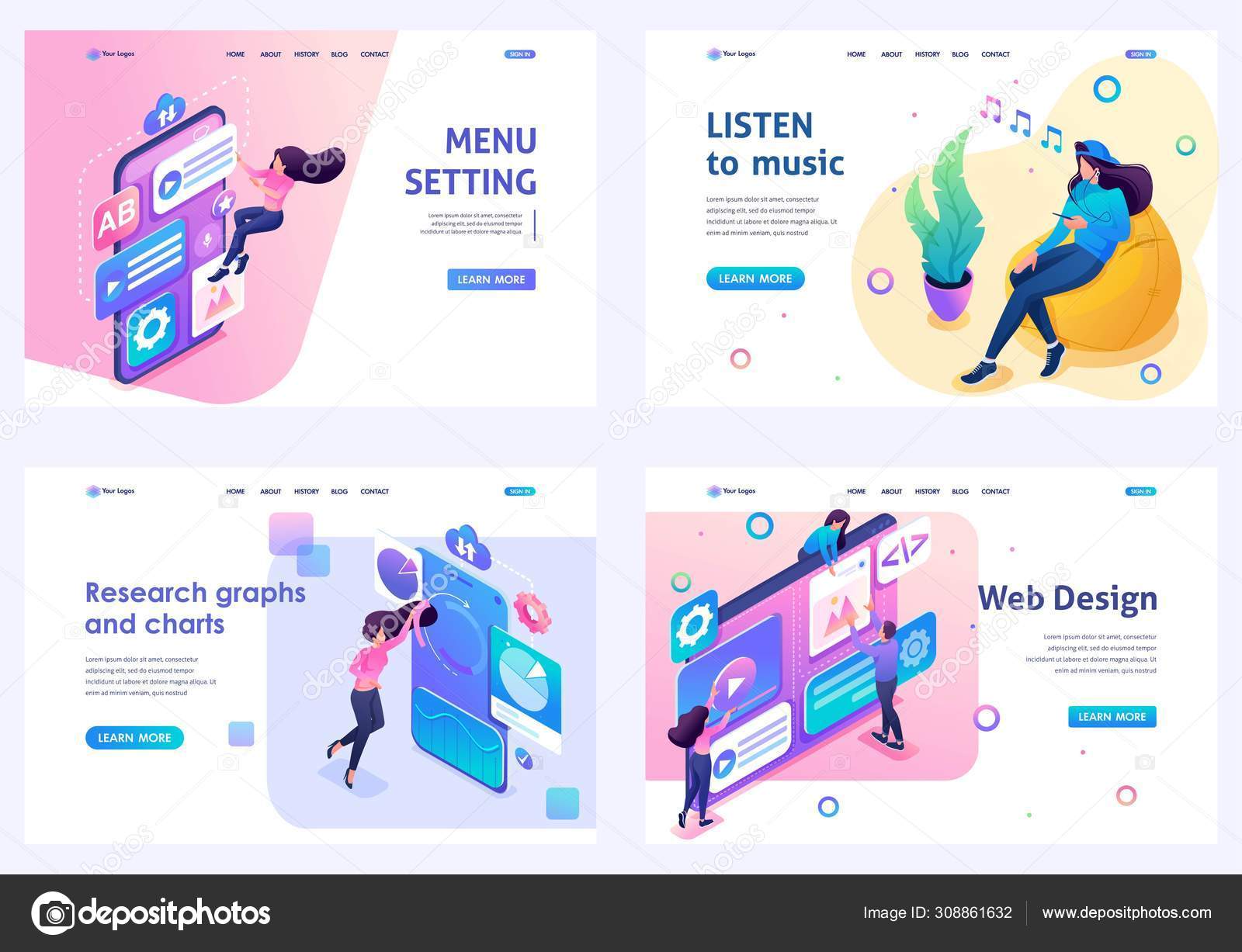 Set of isometric concepts menu setting, web design, listen to music ...