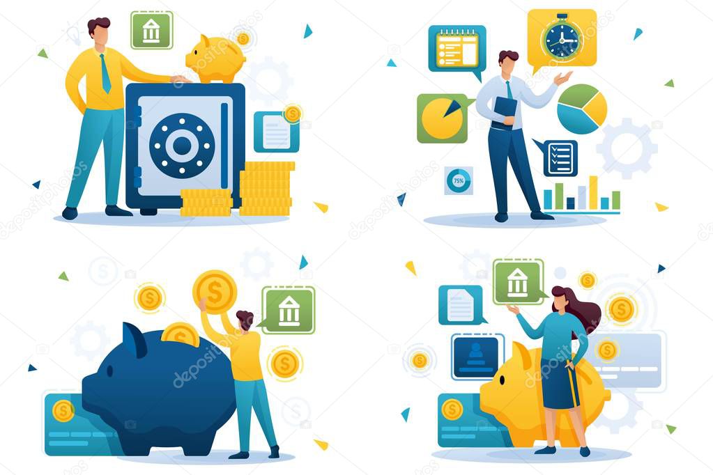 Set Plano conceptos 2D ahorro de dinero, dep sitos bancarios, plan de inversi n, gesti n del ...