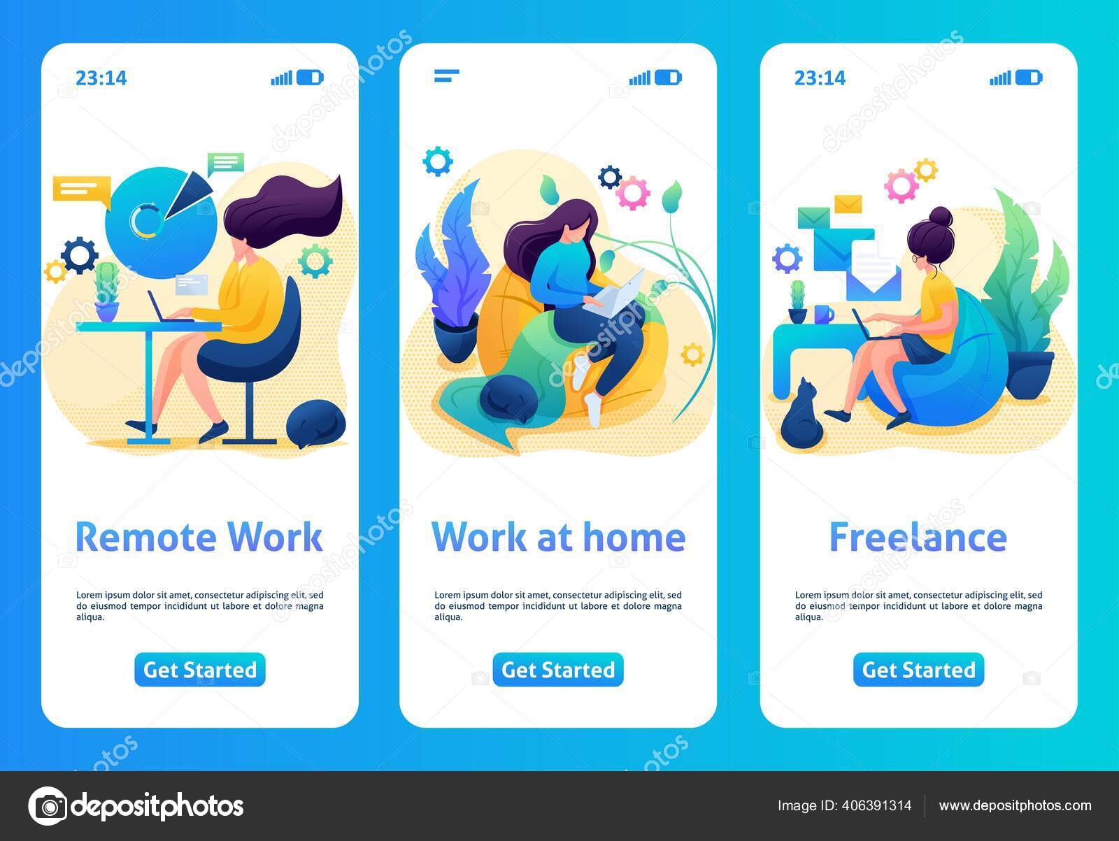 Mobile app design, template. 2D character stays at home, quarantined ...