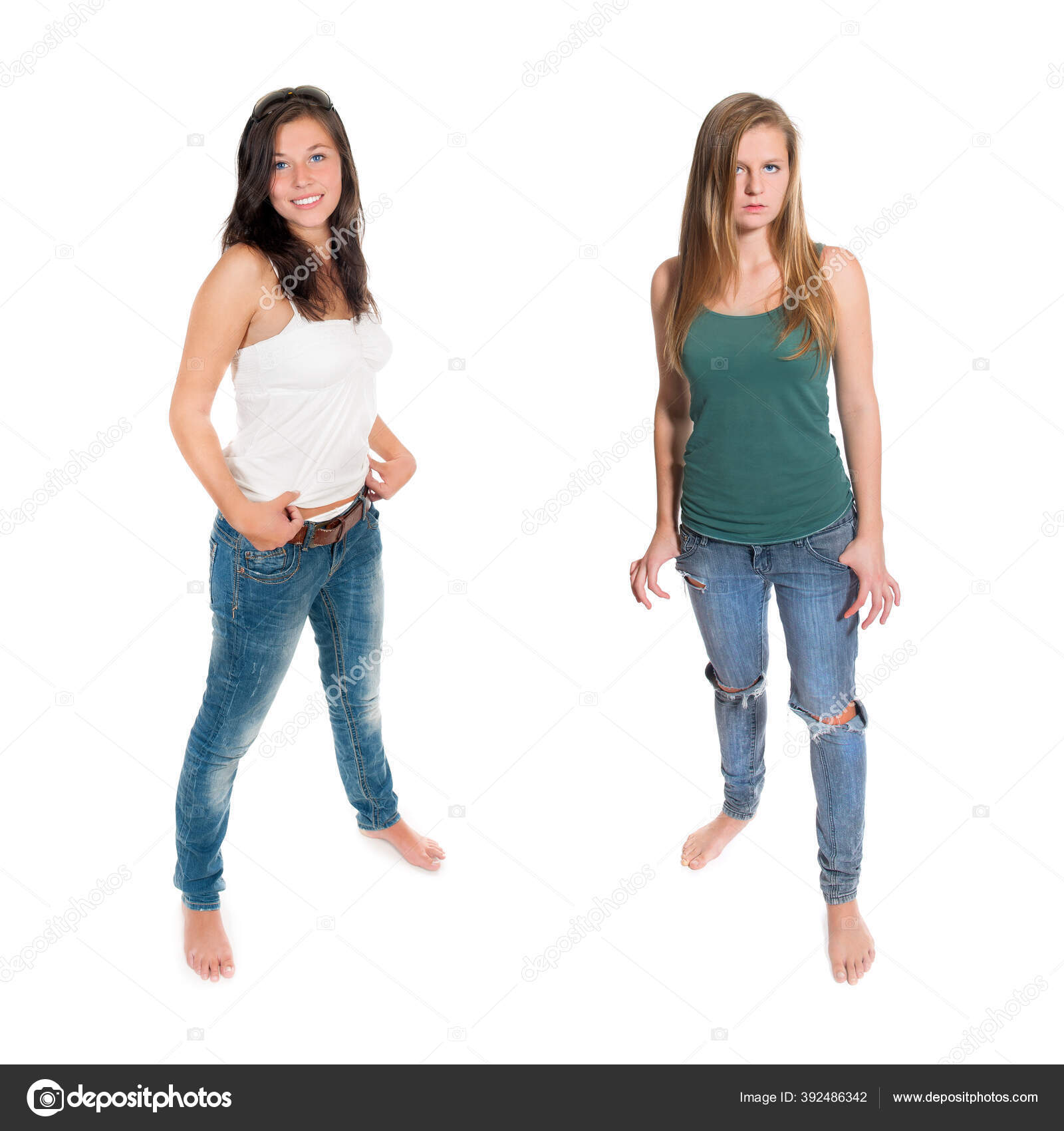 Full Length Portraits Two Beautiful Girls Wearing Blue Jeans Top Stock ...