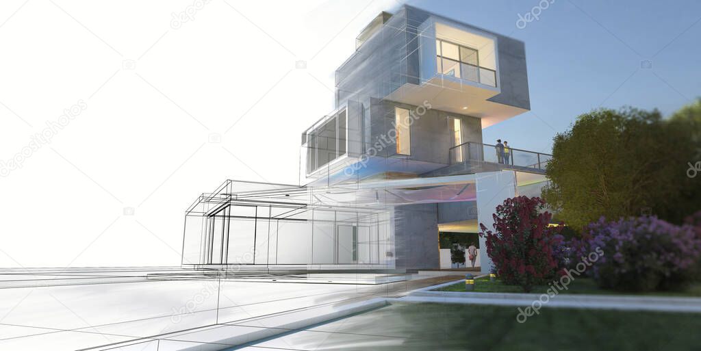 Representación 3D de un proyecto de villa moderna en diferentes etapas ...