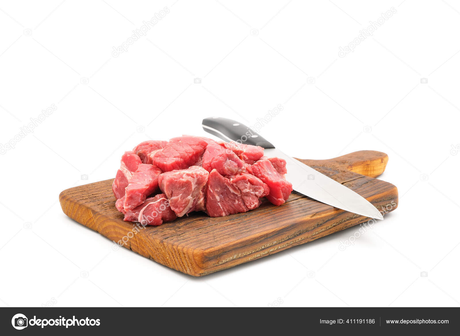 Chunks Raw Stew Beef Rustic Cutting Board Photographed White Background ...