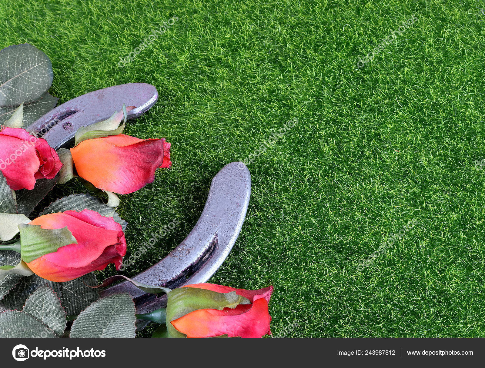 Red silk roses, a horseshoe and artificial green grass for the running ...