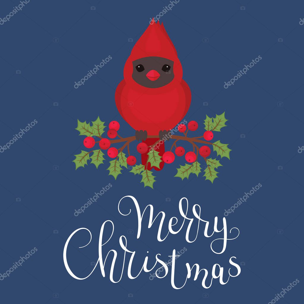 Cardenal pájaro sentado en una rama de bayas. Feliz Navidad letras de ...
