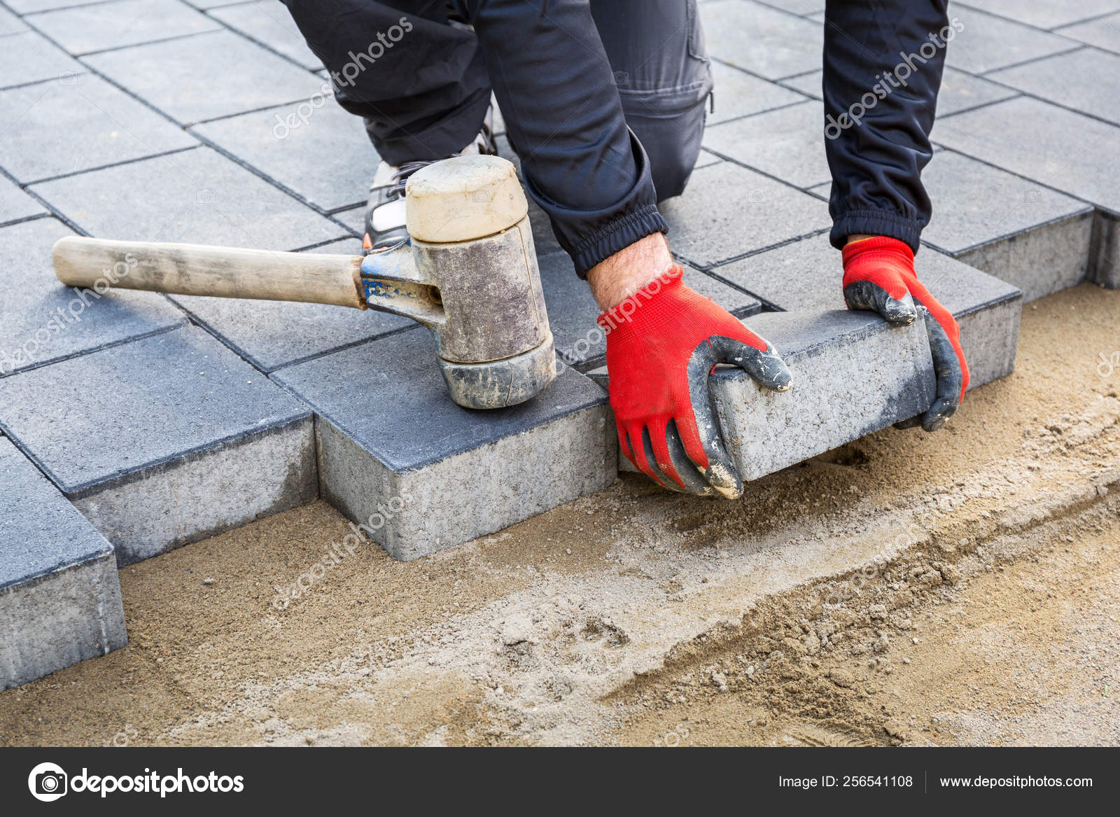 Hands Worker Installing Concrete Paver Blocks Rubber Hammer Stock Photo ...