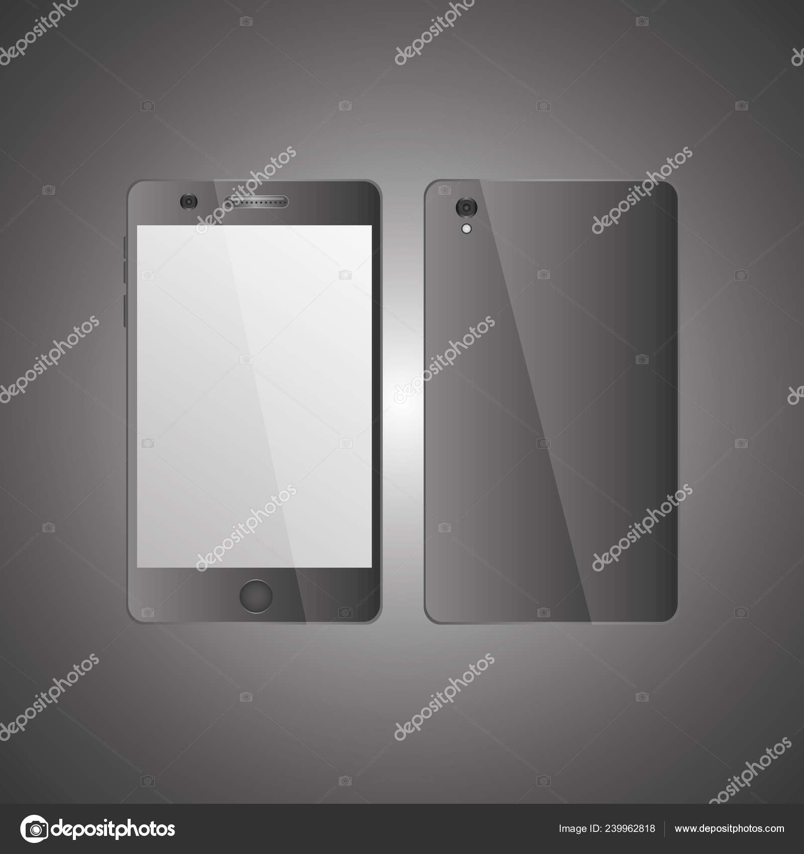 Mobile phone front view and back side with shadows on gray background ...