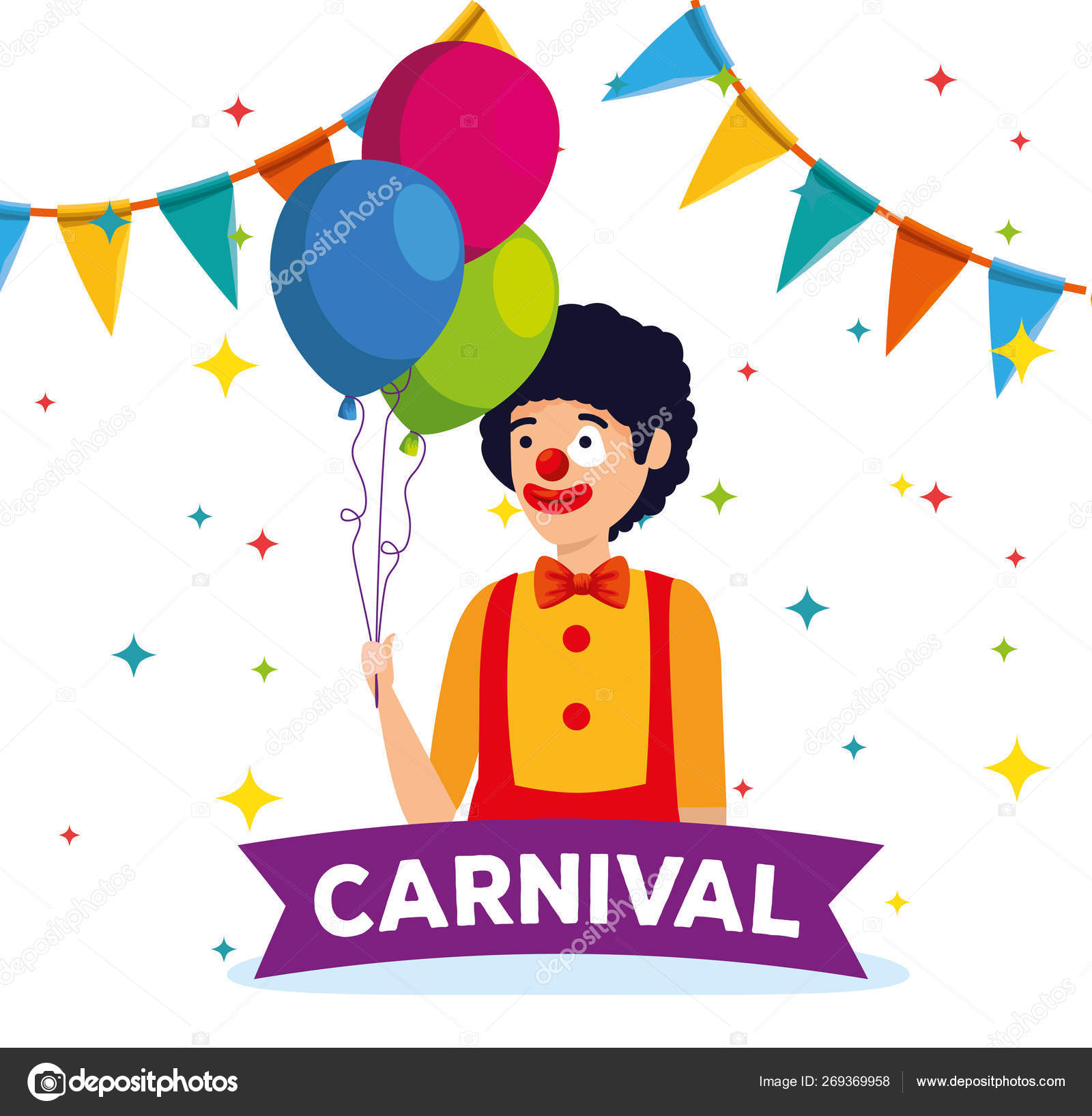Man Clown Costume With Balloons And Party Banner Stock Illustration By ©yupiramos 269369958