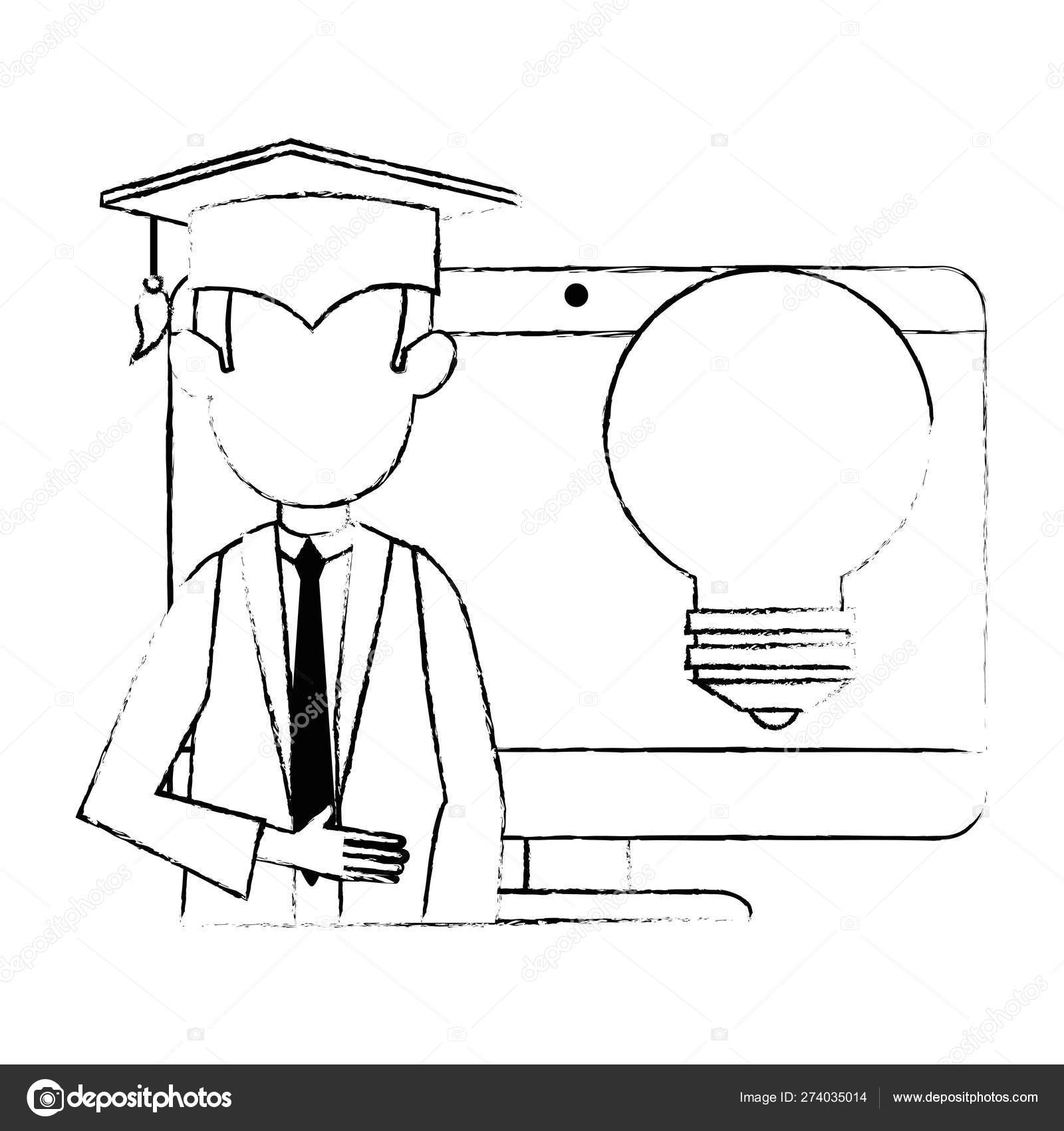 Student graduated with computer and bulb Stock Illustration by ...