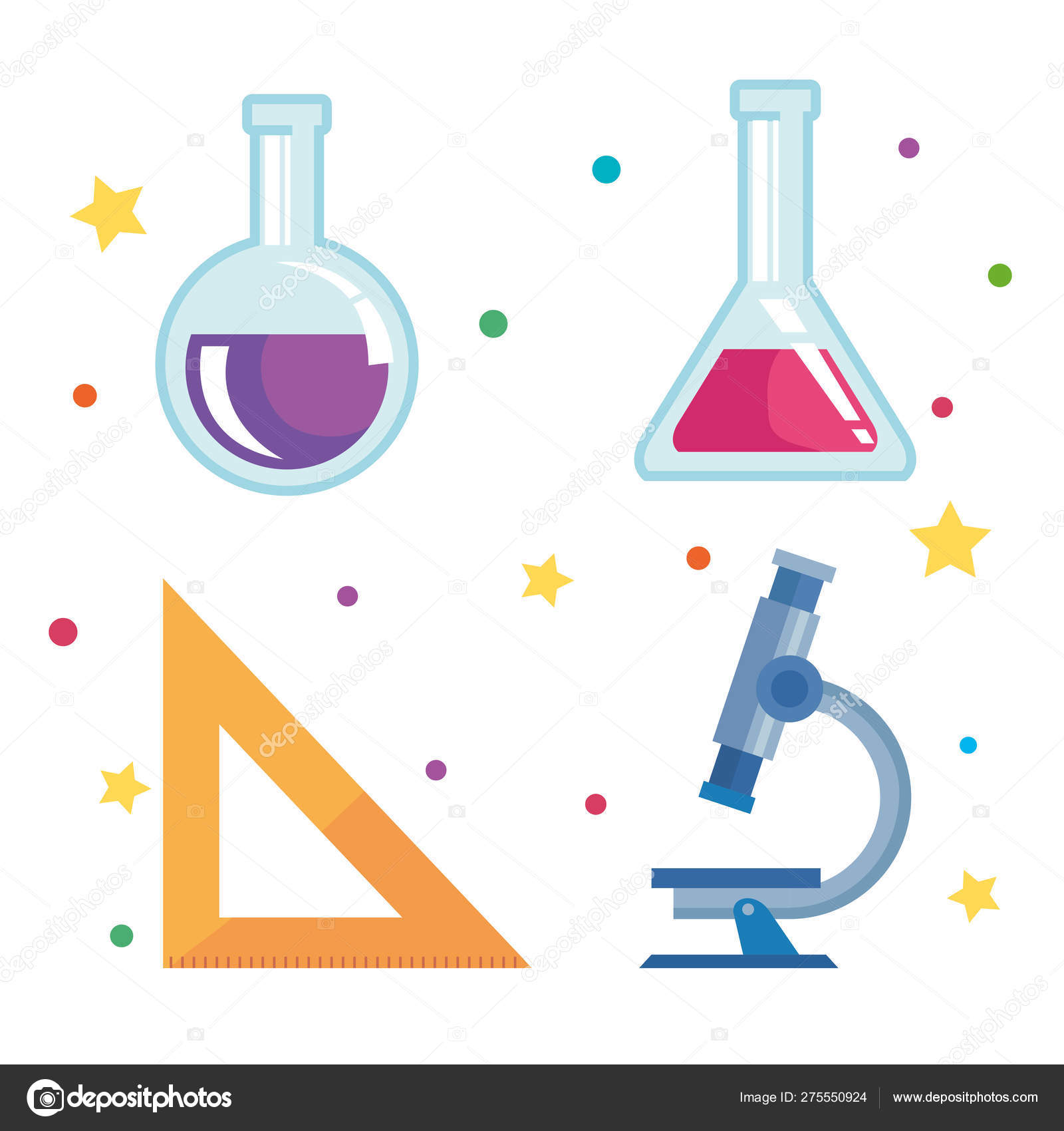 Set of erlenmeyer flask with triangle ruler and microscope Stock Vector ...