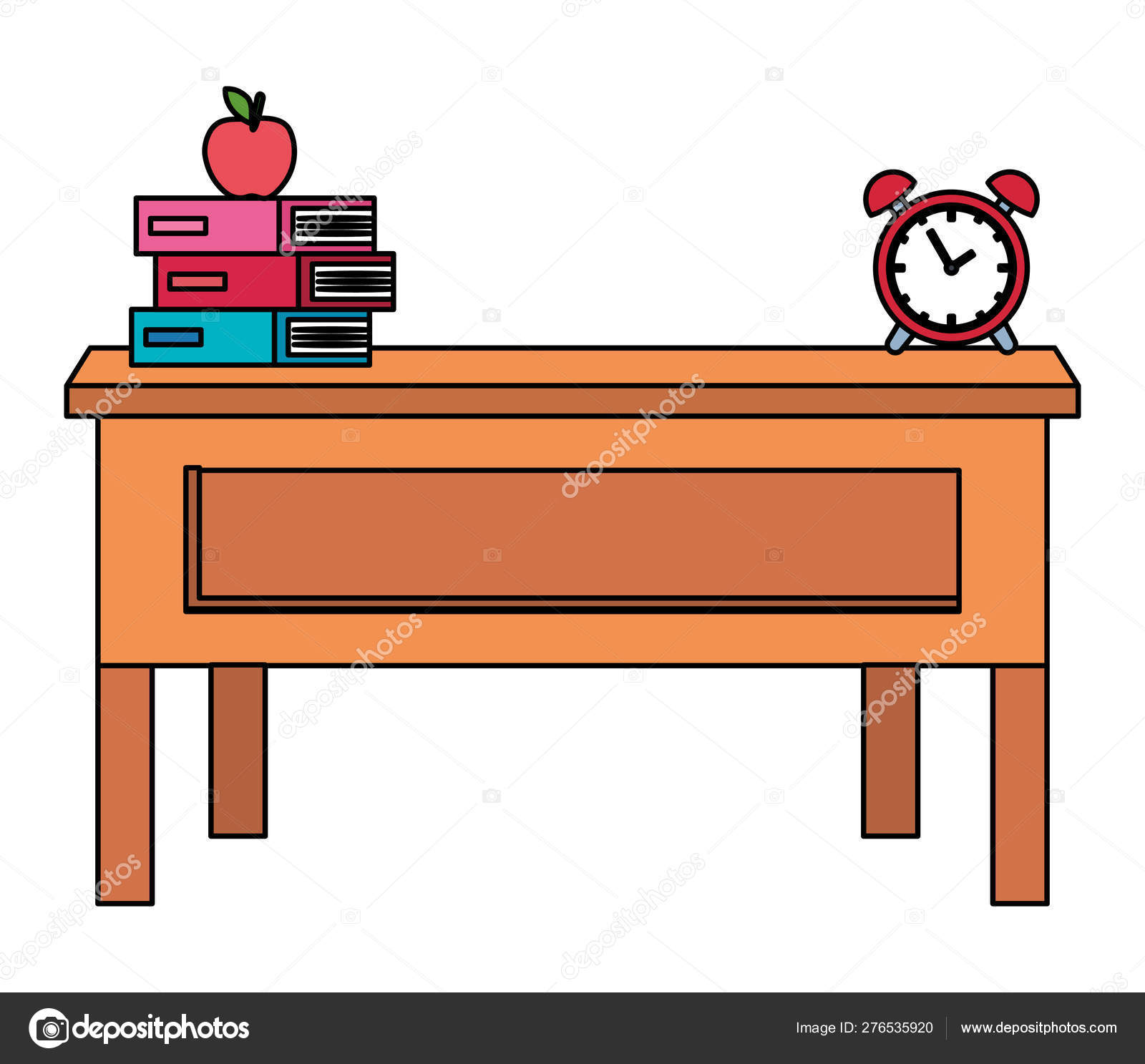 Escritorio de la escuela del profesor con libros y despertador Vector ...