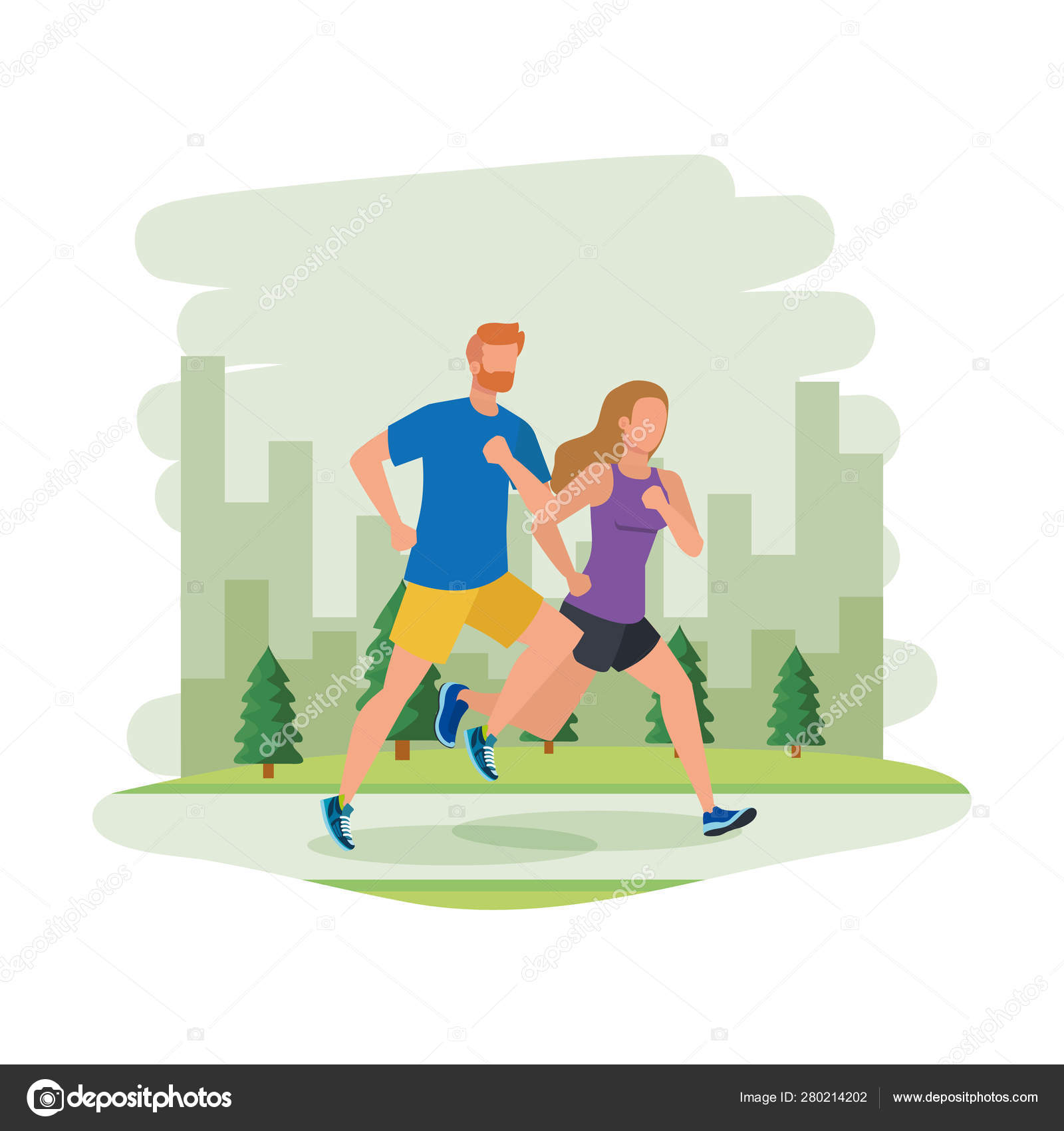 Young athletic couple running in the park Stock Vector Image by ...