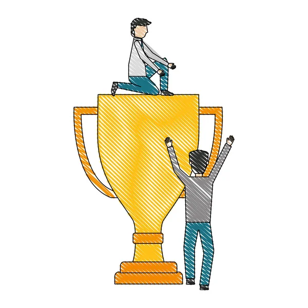 Business Men Holding Trophy Award Success Hand Drawing Stock Vector By