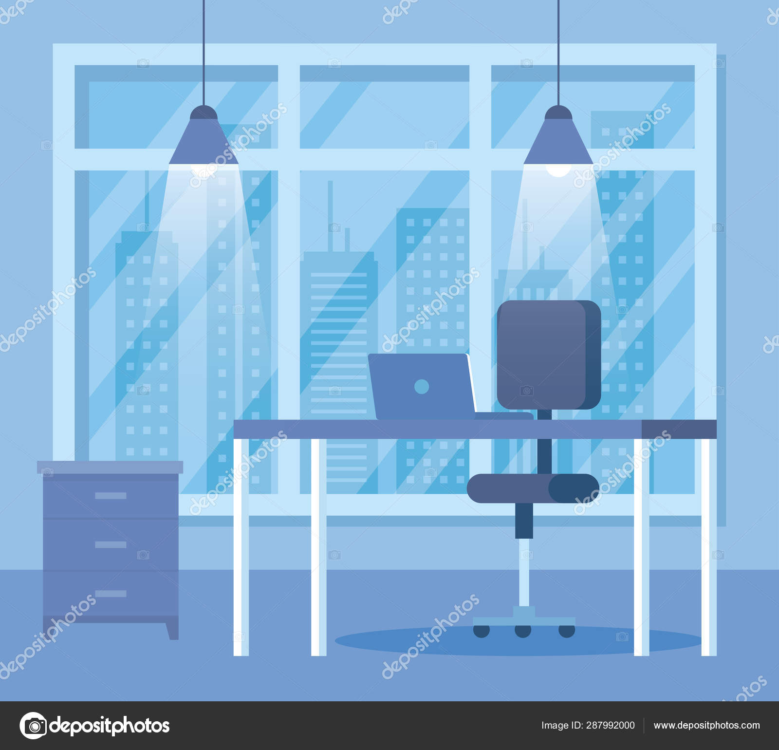 Desk with laptop and chair with window and lights Stock Vector Image by ...