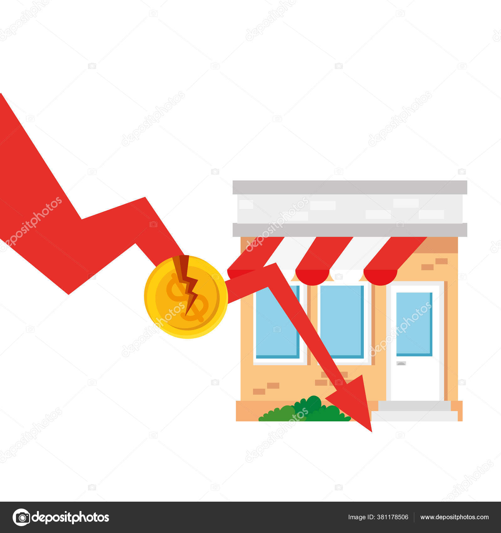Broken dollar coin store and decrease arrow of bankruptcy vector design Stock Vector by ...