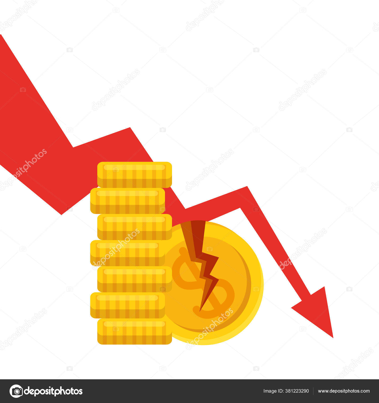 Broken dollar coins and decrease arrow of bankruptcy vector design Stock Vector by ©yupiramos ...
