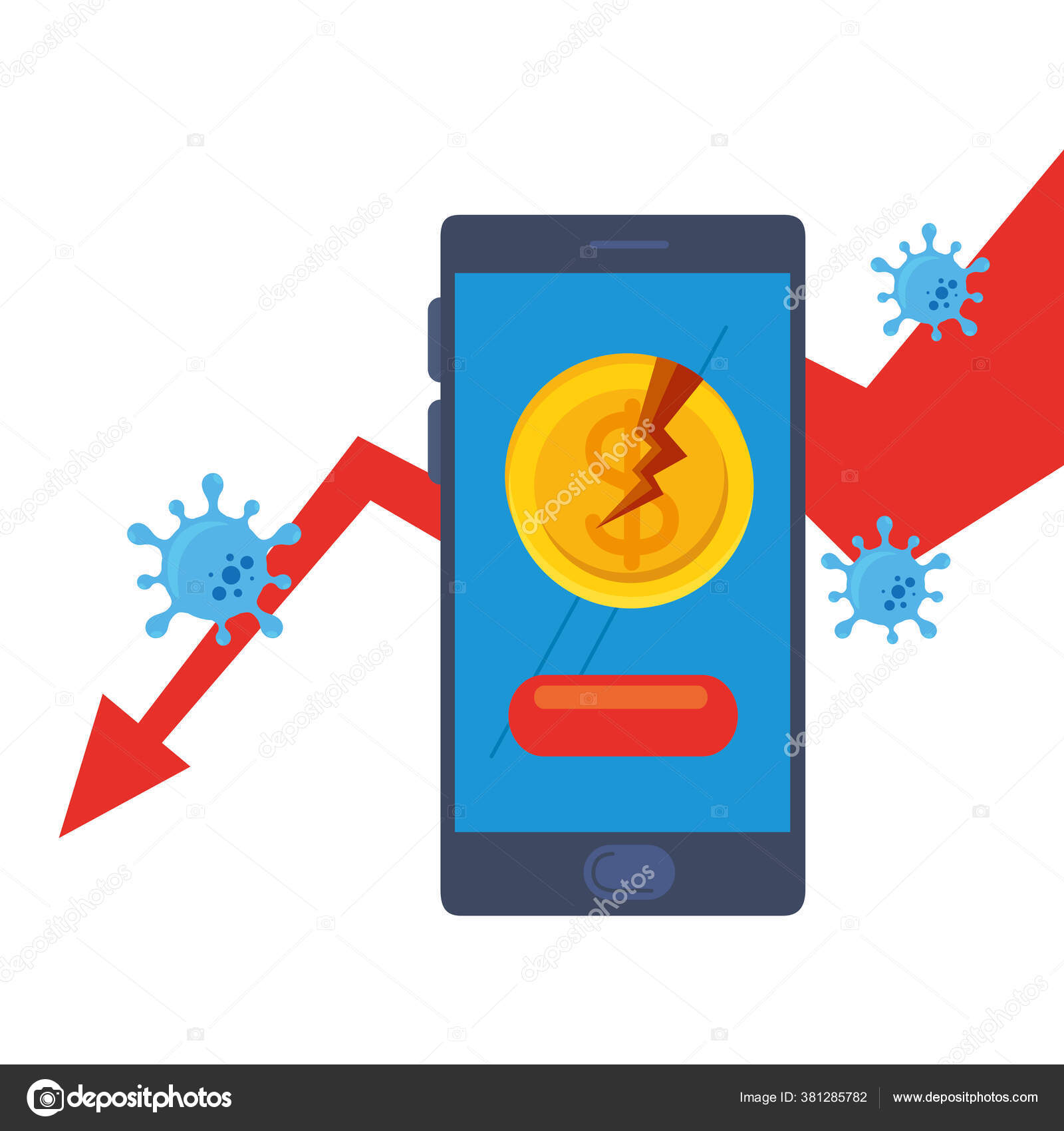 Broken dollar coin on smartphone and decrease arrow of bankruptcy vector design Stock Vector by ...