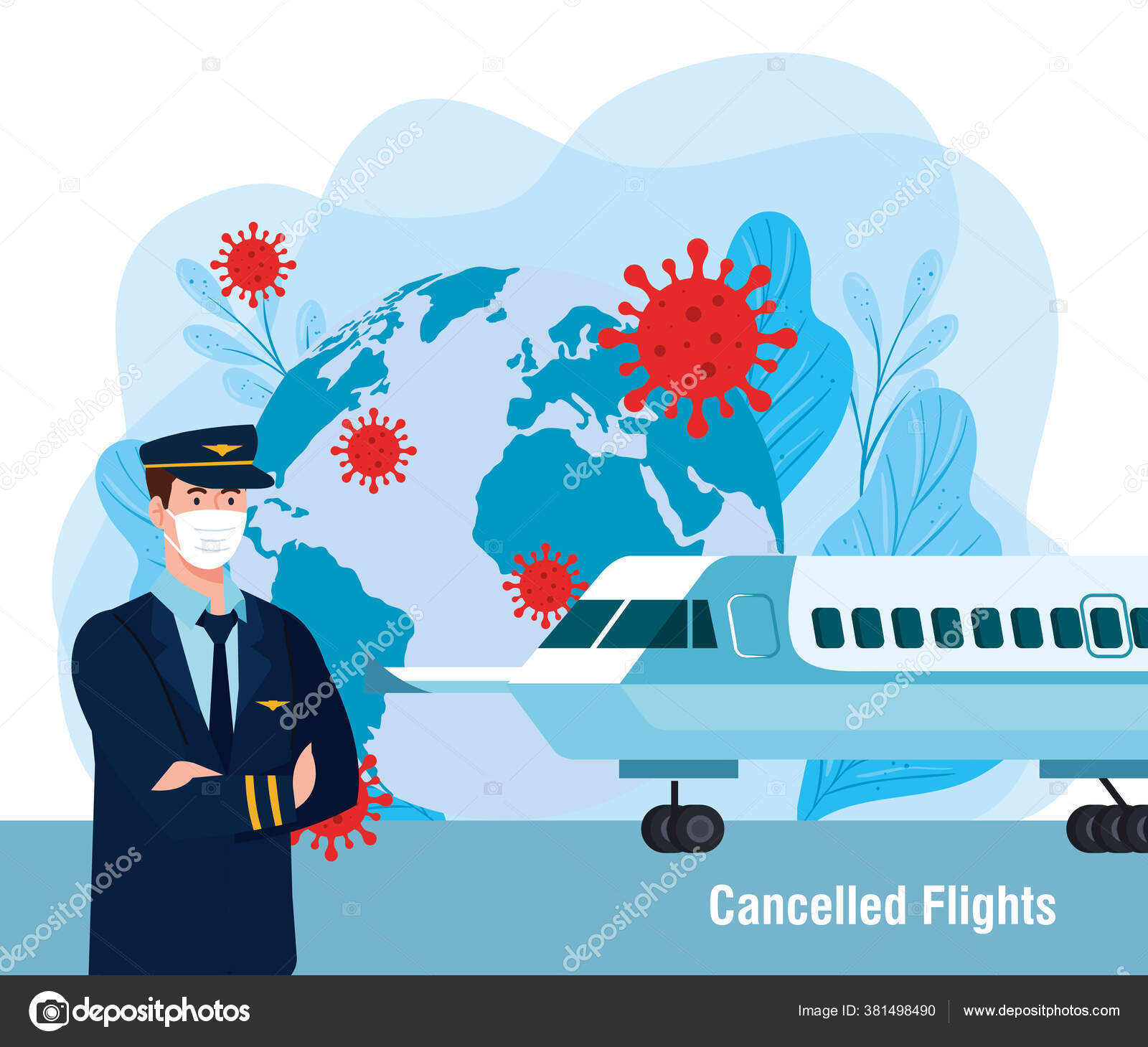 Pilot man with mask airplane world leaves and covid 19 virus vector ...