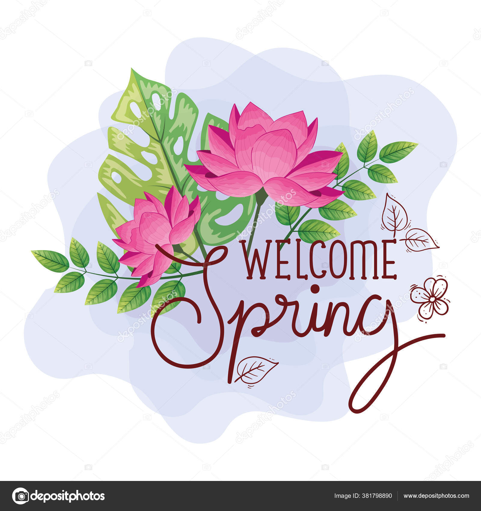 Welcome spring, lettering spring season with flowers pink color and ...