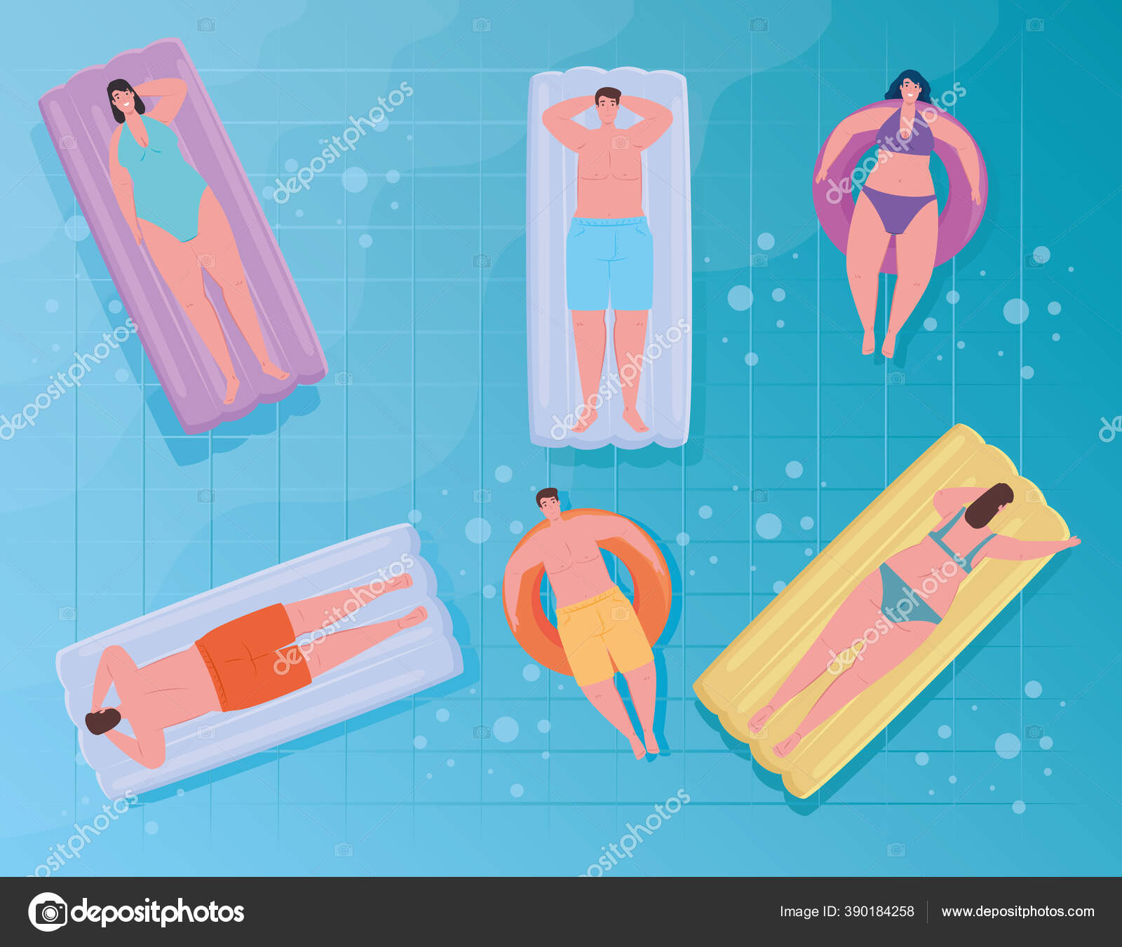 Människor som använder baddräkt, människor flyter, avkopplande sola på ...