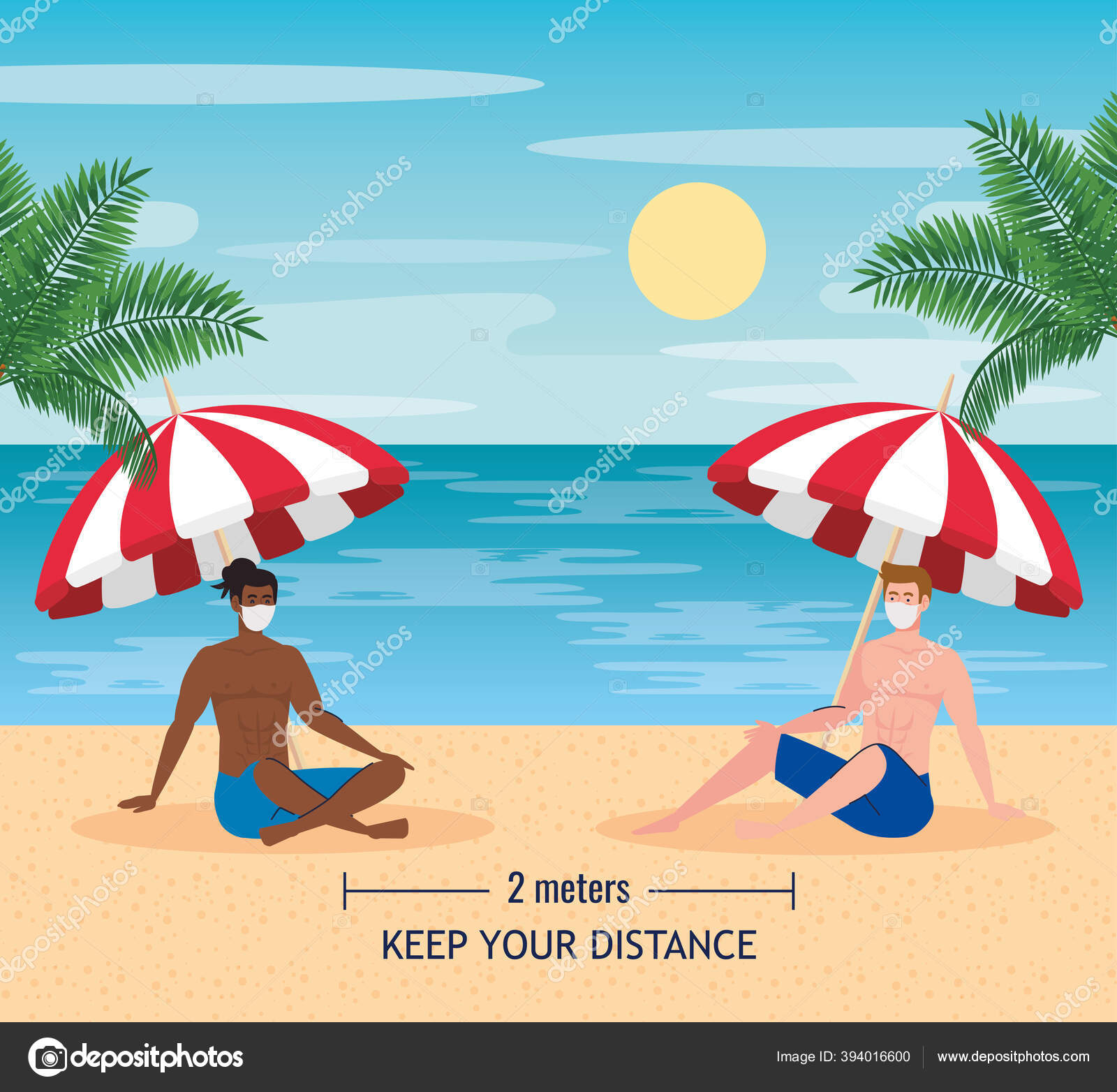 Social distancing on the beach, men keep distance two meters or six ...