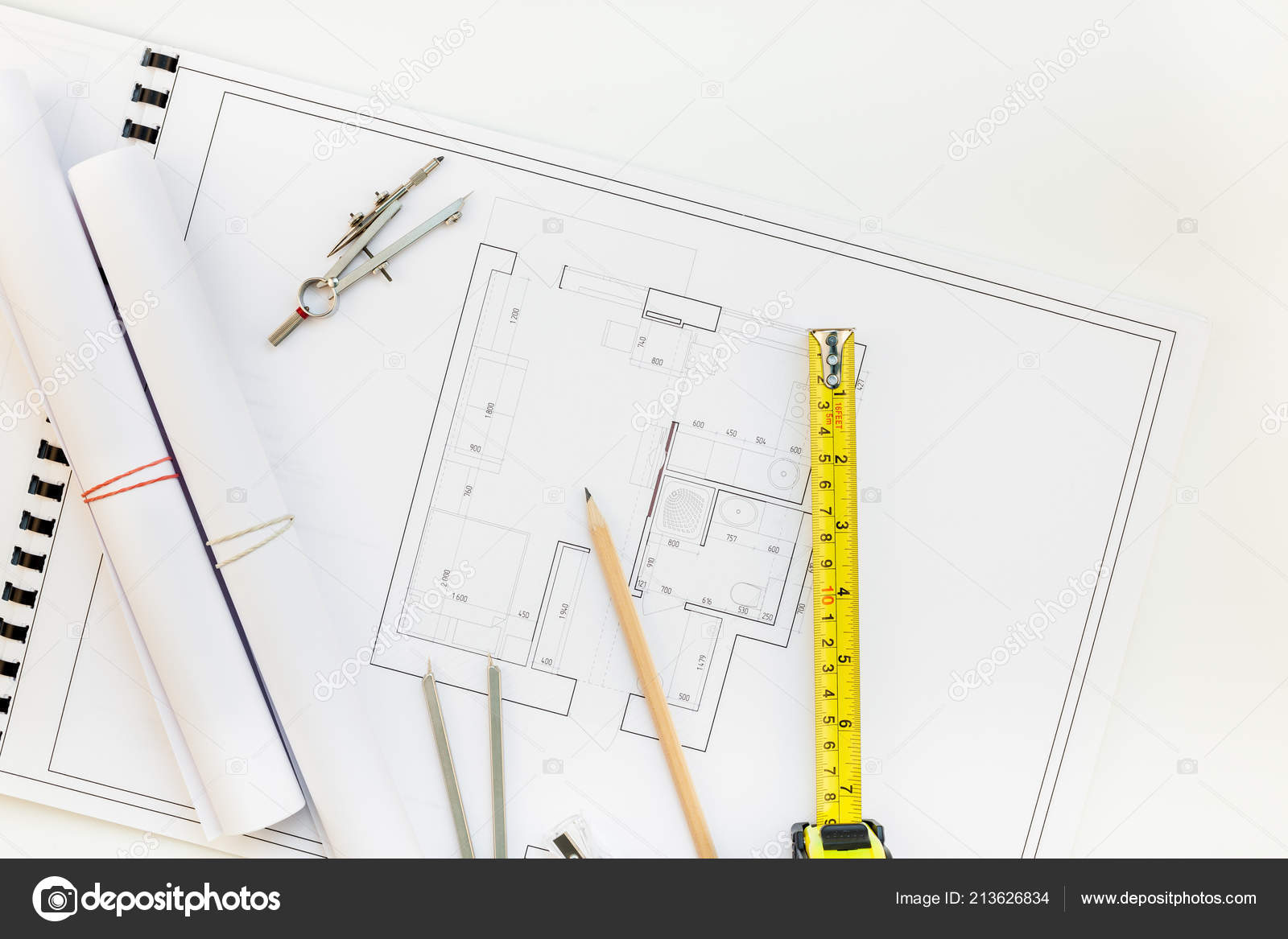 Creative Flat Lay Overhead Top View Blueprints Architectural Flat ...